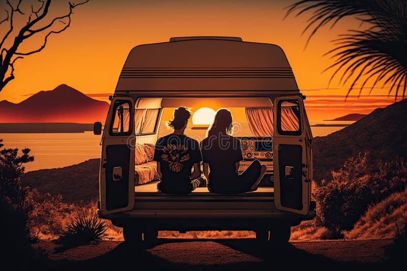 A Couple Dines Inside the Motorhome, Watching the Beautiful Sunset. Ai ...