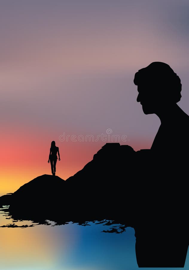 Couple in the Distance on the Rock at Sunset by the Sea- Stock Image ...
