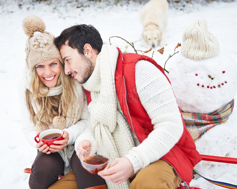 Couple with Dog Drinking Tea in Winter Stock Image - Image of outside ...