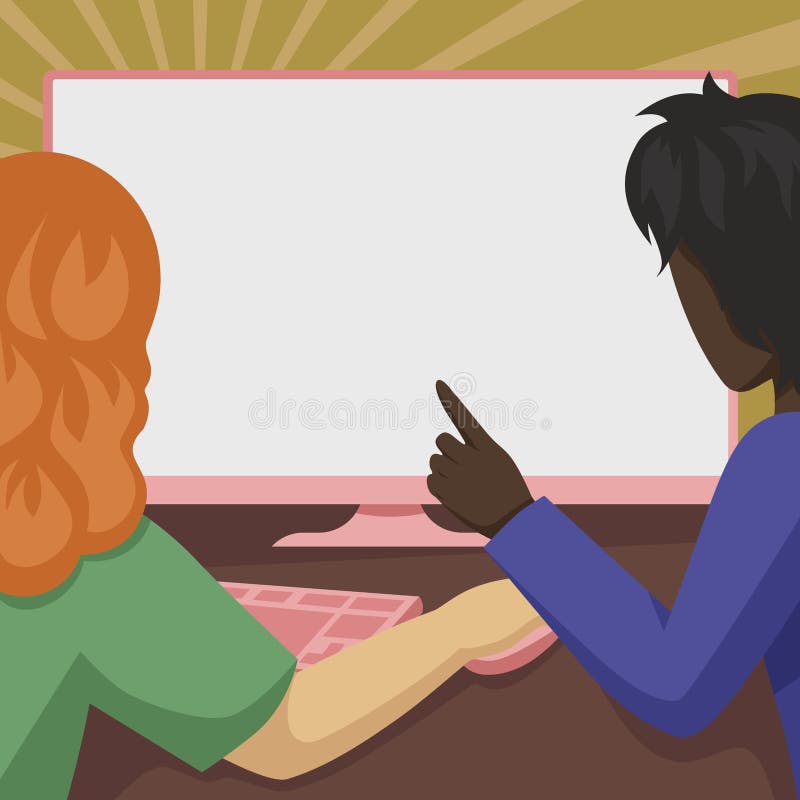 Couple Drawing Using Desktop Computer Helping Each Other Accomplishing ...