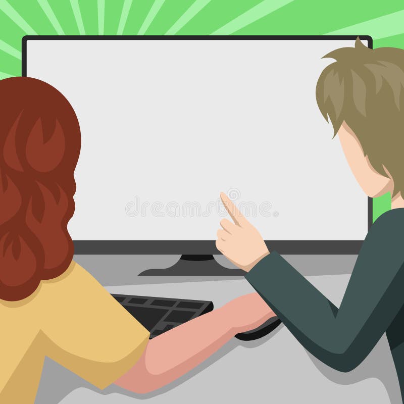 Couple Drawing Using Desktop Computer Helping Each Other Accomplishing ...