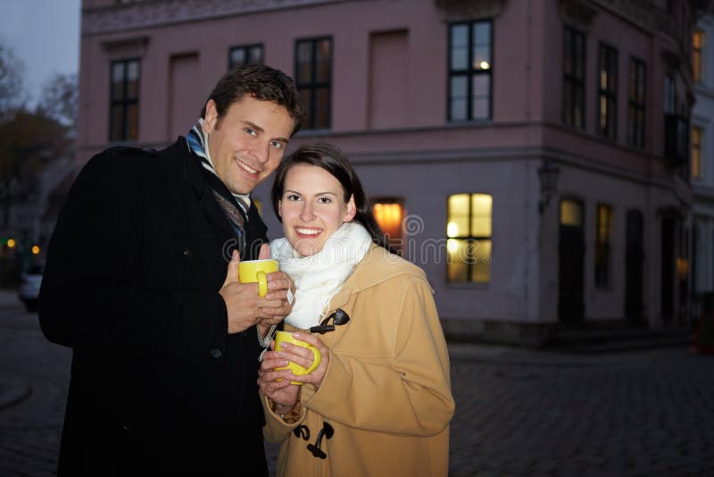 Couple Drinking Tea in Winter Stock Image - Image of happy, market ...