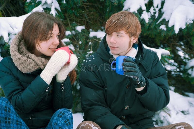 Couple Drinking Tea in Winter Stock Image - Image of female, park: 30421767