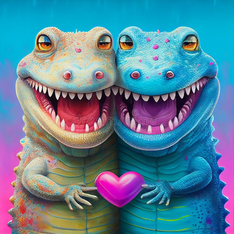 Couple of Elderly Multicolored Crocodiles with Hearts. AI Generative ...