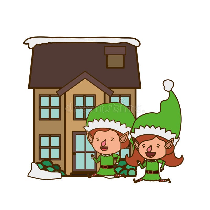 Couple of Elves with House Isolated Icon Stock Vector - Illustration of ...