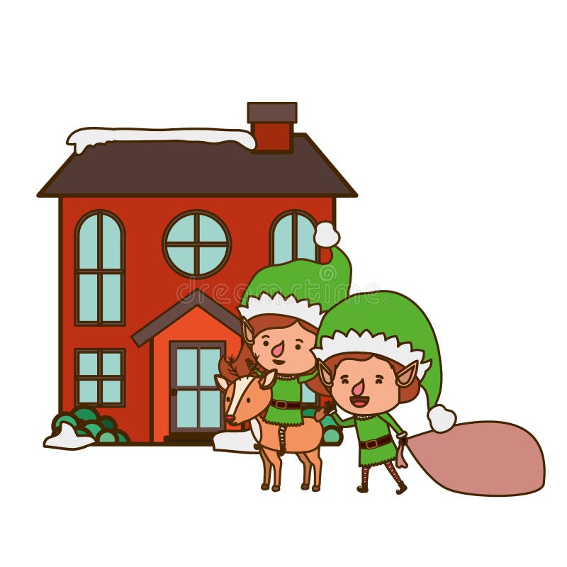 Couple of Elves with House Isolated Icon Stock Vector - Illustration of ...