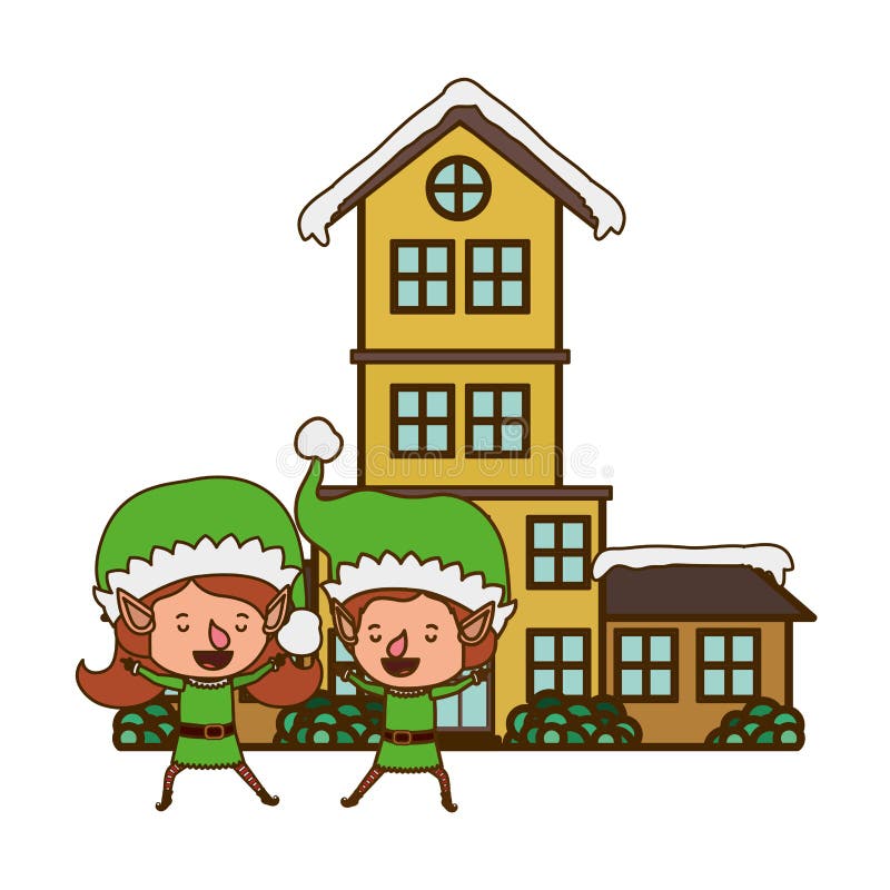 Couple of Elves with House Isolated Icon Stock Vector - Illustration of ...