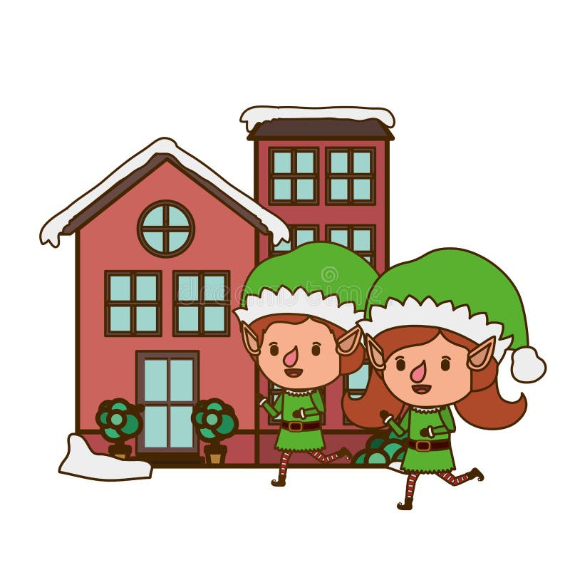 Couple of Elves with House Isolated Icon Stock Vector - Illustration of ...