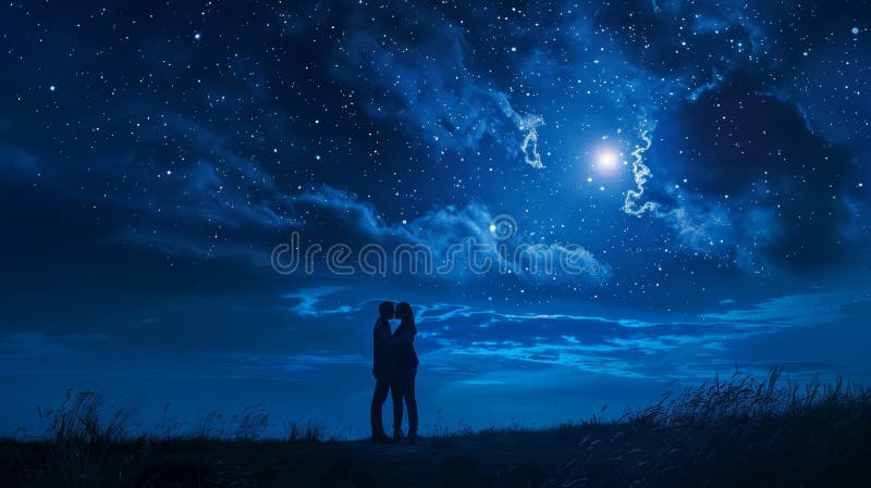 Couple Embraced by Soft Moonlight Under the Night Sky, Capturing a ...