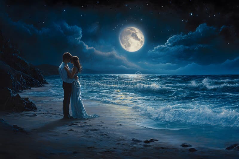 Couple Embracing on Beach Under Moonlight, Romantic Nighttime Scene ...
