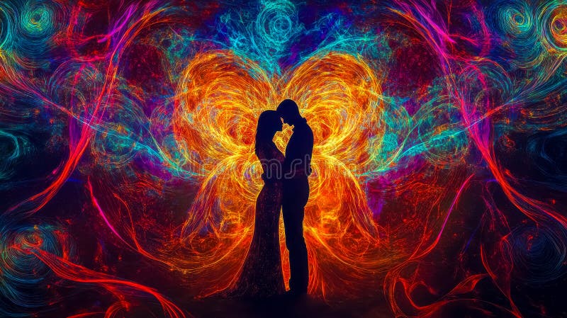 Couple Embracing in Front of Colorful Abstract Heart Background Stock ...