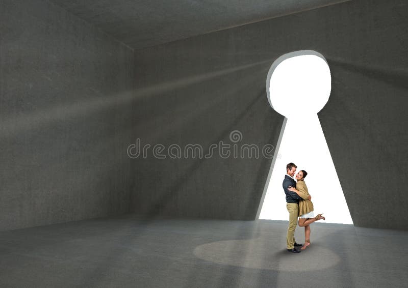 Couple Embracing at Keyhole Shape Doorway Stock Image - Image of focus ...