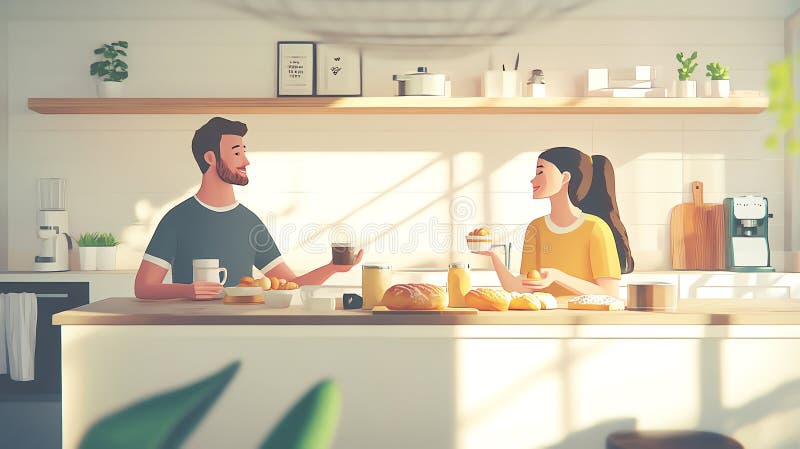 Couple Enjoying Breakfast Kitchen Illustration Stock Image - Image of warm, love: 363031981