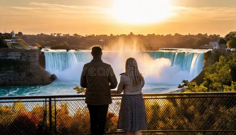 Couple Enjoying the Niagara Falls at Sunset Stock Illustration ...