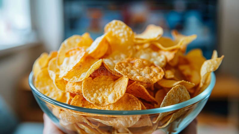 Couple Enjoying Snacks in Front of Large Screen Television, Holding ...