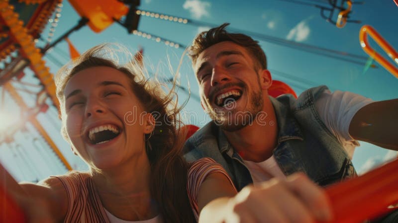 A Couple Enjoying the Thrill of a Carnival Ride, with a Fun and Playful ...