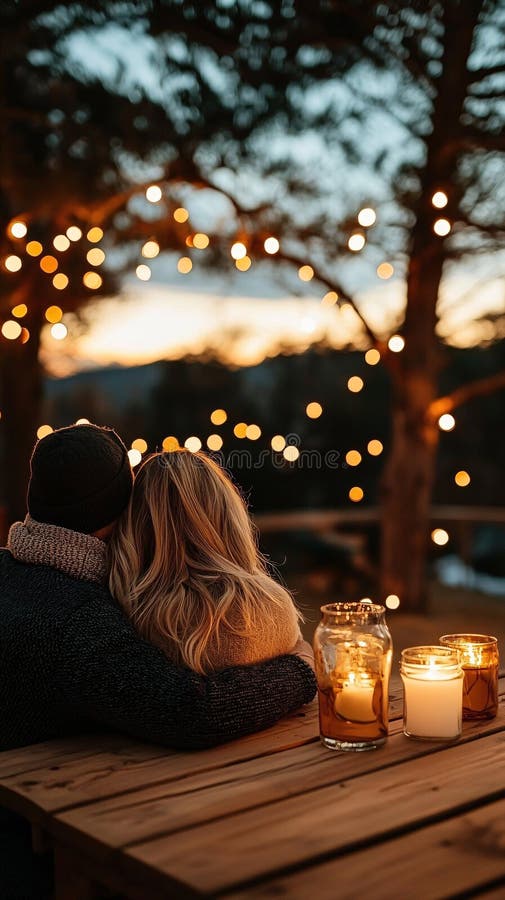 Couple Enjoying a Warm and Romantic Evening Under Glowing String Lights ...