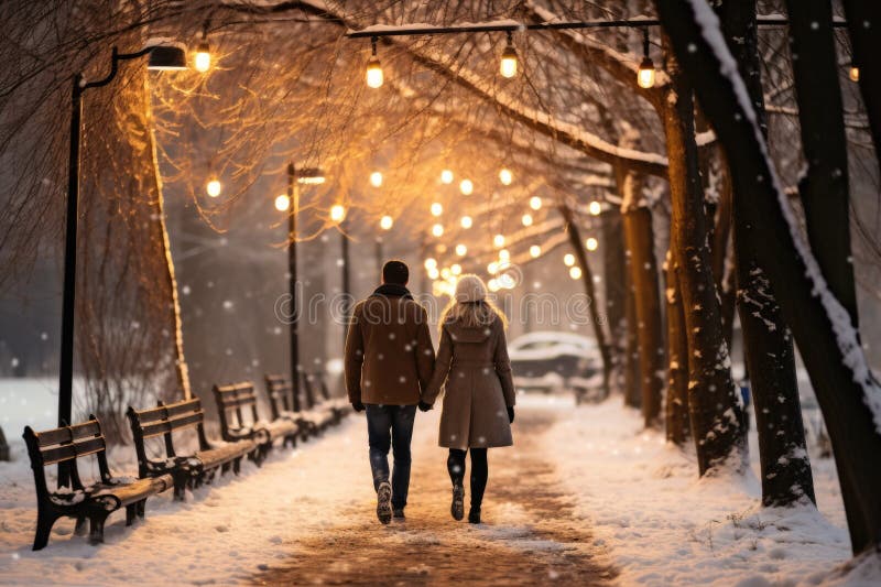 A Couple Enjoys a Romantic Stroll through the Park on a Winter Day ...