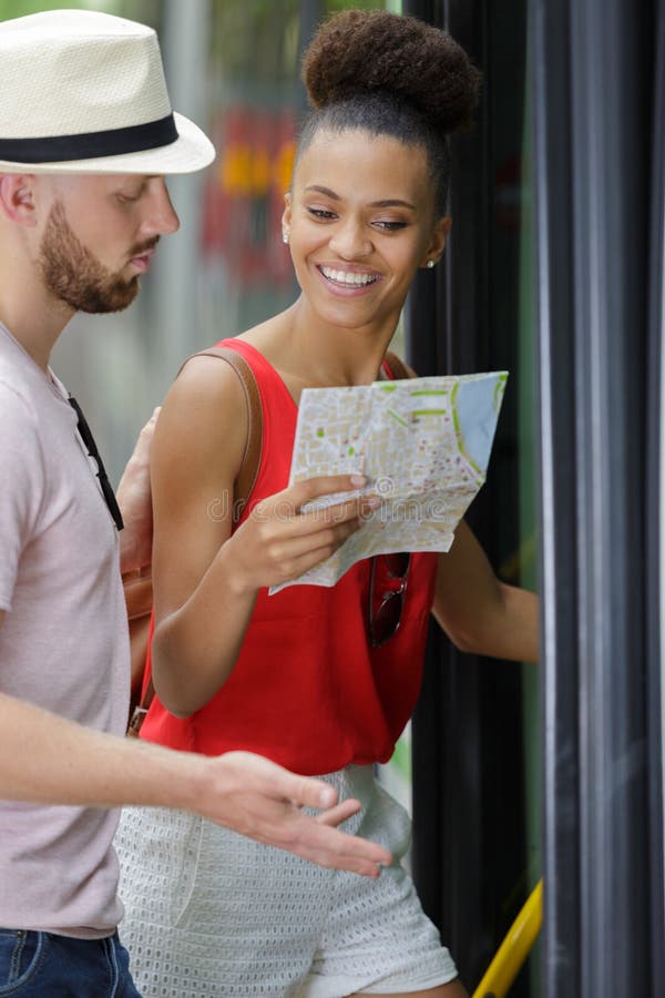 Couple Entering Traveling by Tour Bus Stock Image - Image of summer ...