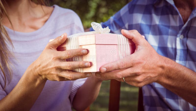 Couple Exchanging a Gift in Park Stock Image - Image of parkland ...