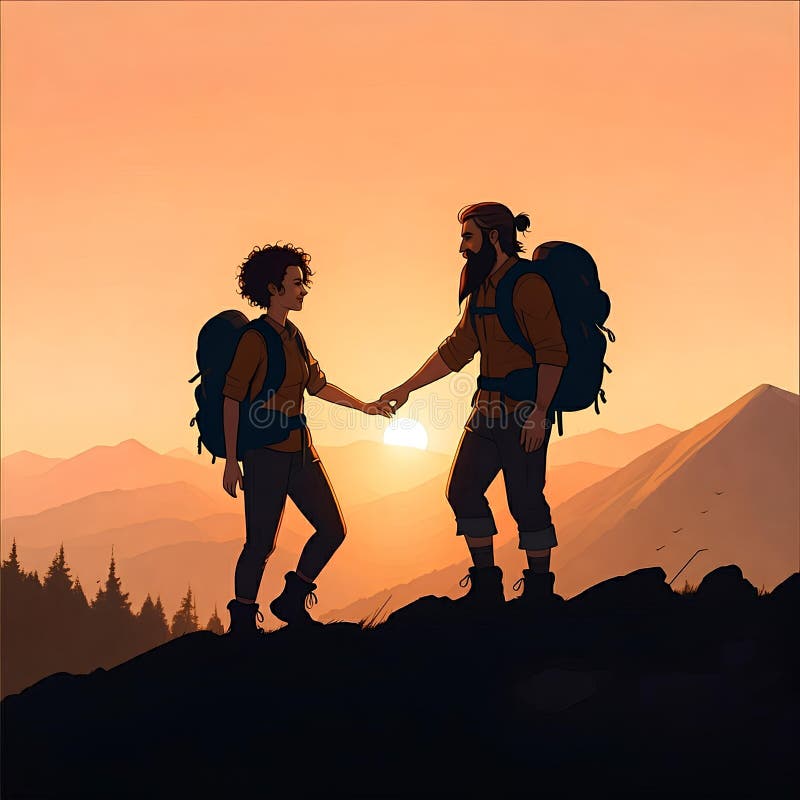 Couple Exploring the Outdoors: Silhouette Against Majestic Mountain ...