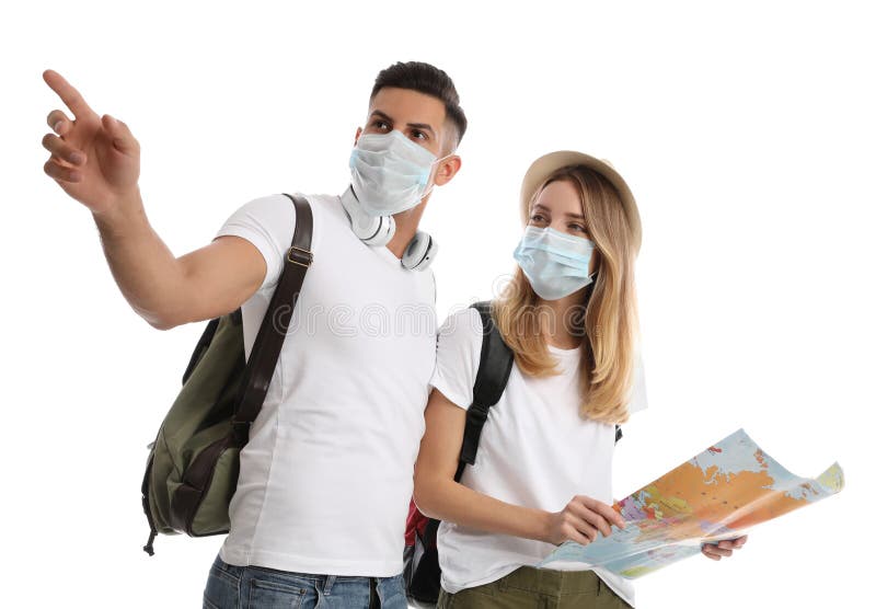 Couple in Face Masks with Map on White Background. Summer Travel Stock ...