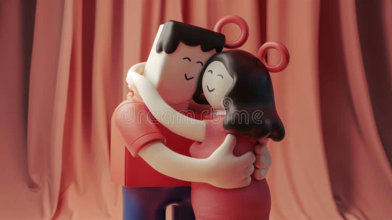 A Couple of a Figurine is Hugging Another One with Red Curtains Behind ...