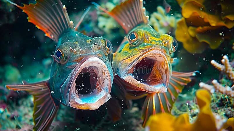 A Couple of Fish with Their Mouths Open on a Coral Reef Stock Image ...