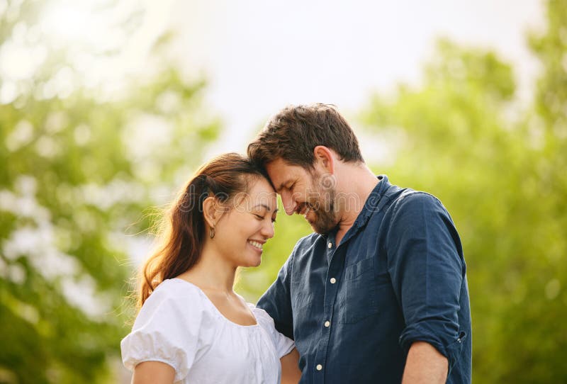 Couple, Forehead Touch and Love in Garden, Connection and Romance in ...