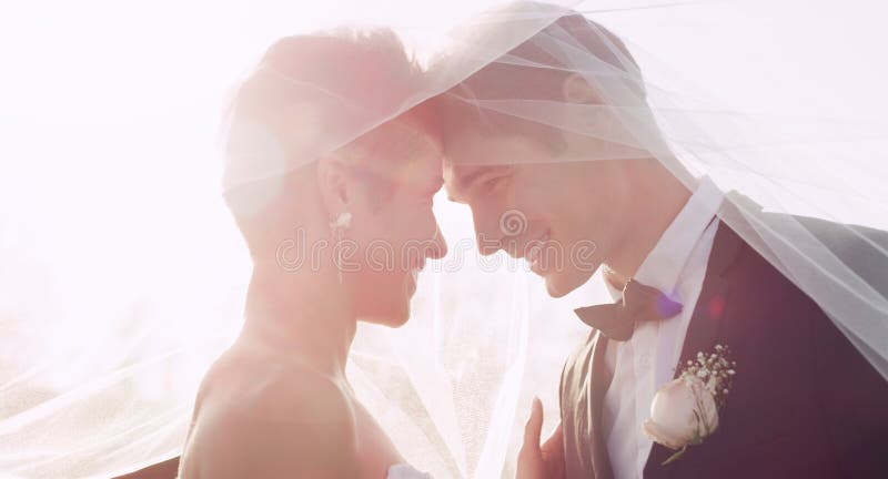 Couple, Forehead and Wedding Veil in Nature for Unity, Marriage and ...