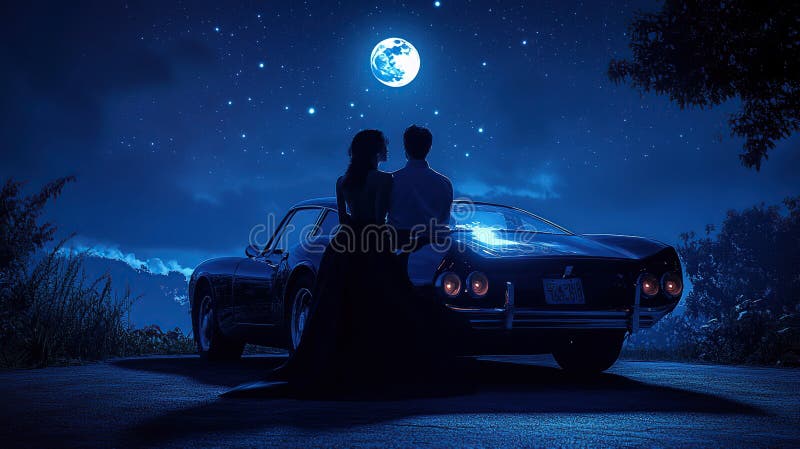 Couple Gazes at a Full Moon, Romantic Night Scene Stock Illustration ...