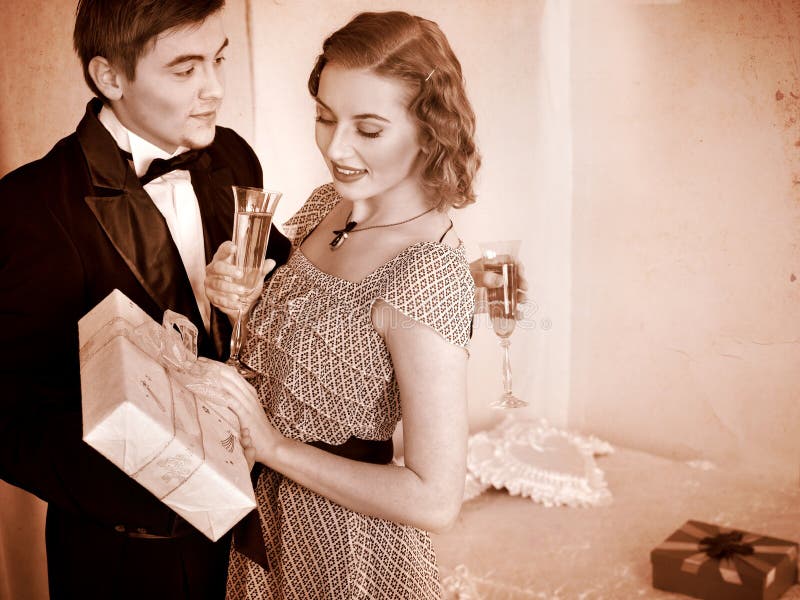 Couple with Gift Box. Black and White Retro. Stock Image - Image of ...