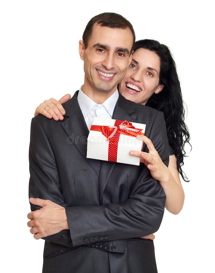 Couple with Gift Box, Studio Portrait on White. Dressed in Black Suit ...