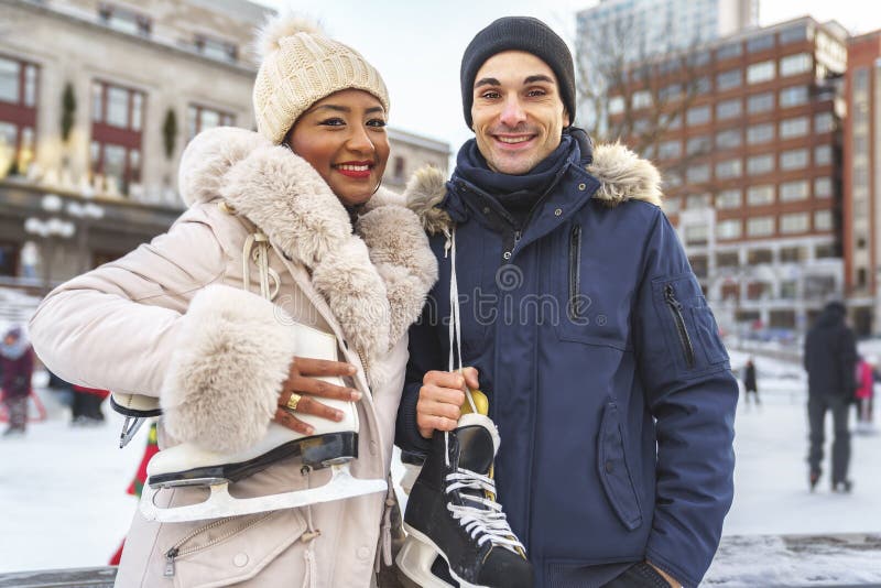 Couple Ice Skating Outdoors on a Winter Day Stock Photo - Image of ...