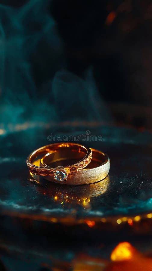 A Couple of Gold Wedding Rings Sitting on Top of a Table Stock Photo ...