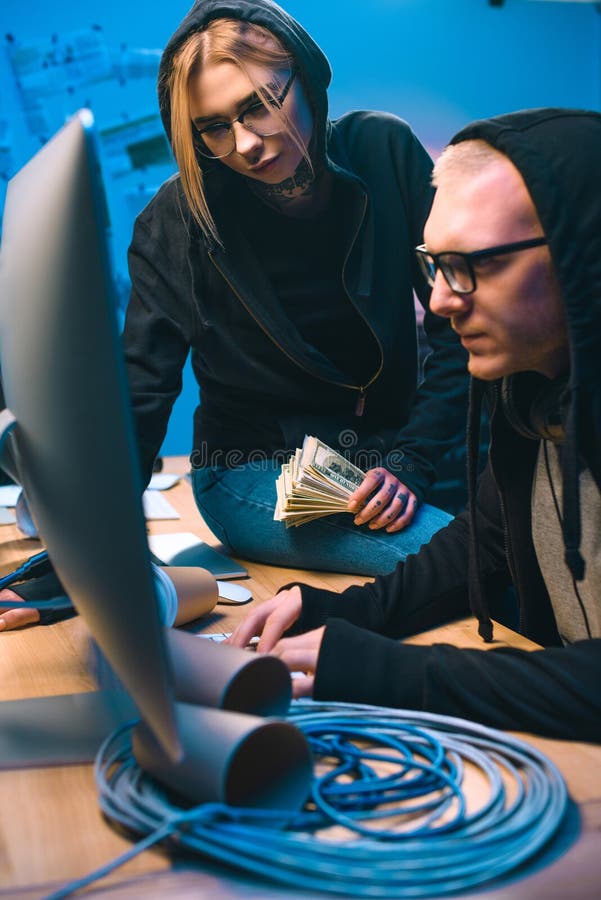 Couple of Hackers with Stack of Cash Stock Photo - Image of hacking ...