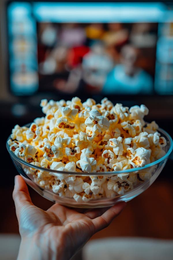 Couple Happily Snacking on Popcorn while Watching Television on Modern ...