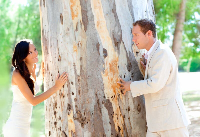 Couple Happy in Love Playing in a Tree Trunk Stock Image - Image of ...