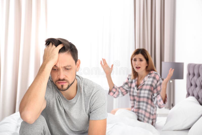 Couple Having Argument in Bedroom. Stock Photo - Image of fight ...