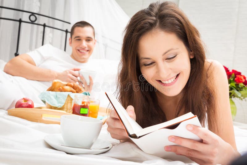 Couple Having Breakfast in Bed Stock Image - Image of coffee, european ...