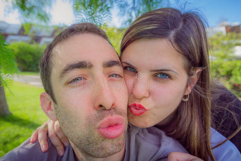 Couple Having Fun Making Duckface and Taking Selfie Picture in T Stock ...