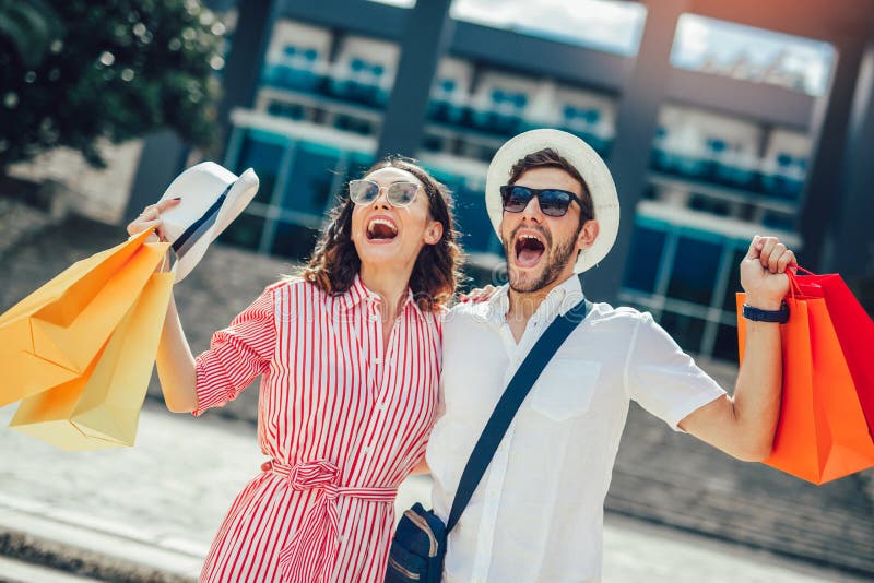 Couple Having Fun Outdoor while Doing Shopping Stock Image - Image of ...