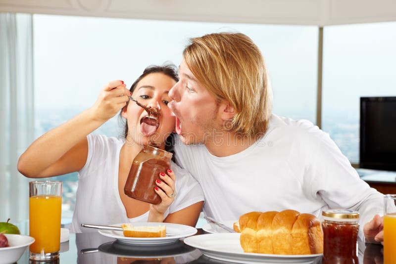 Couple Having Great Time on Breakfast Stock Photo - Image of chocolate ...