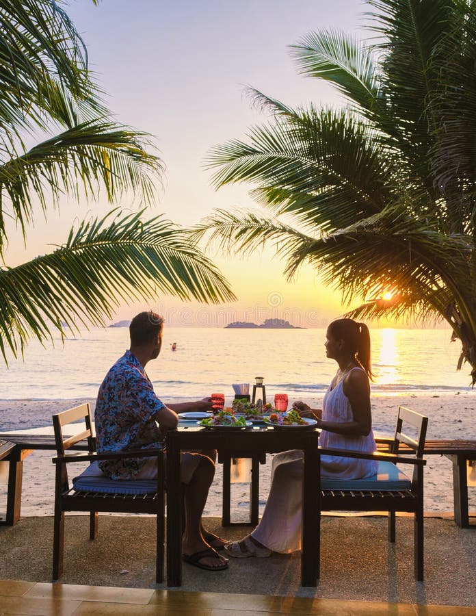 Couple Having a Romantic Dinner on the Beach of Koh Chang Thailand ...