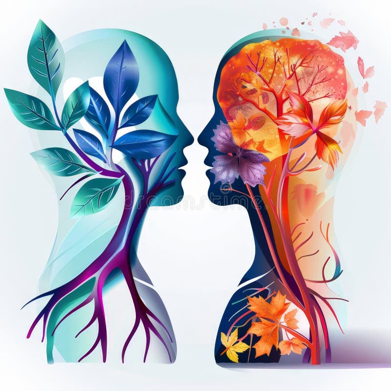 A Couple of Heads with Leaves and Branches Stock Illustration ...