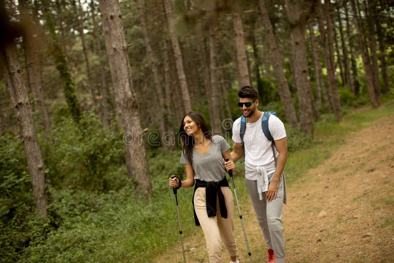 Couple of Hikers with Backpacks Walk through the Forest Stock Image ...