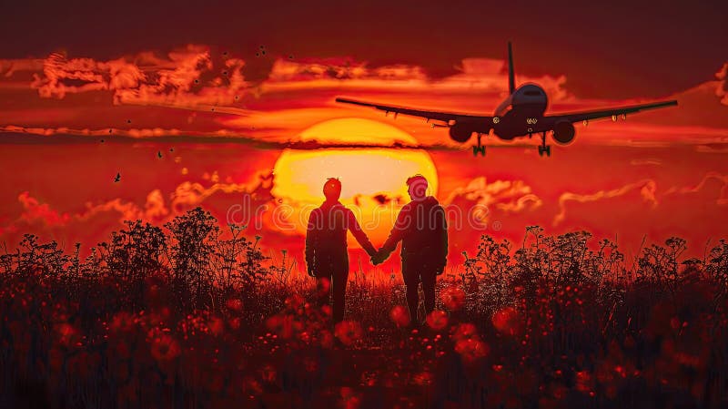 Couple Holding Hands Against Sunset and Airplane. Stock Photo - Image ...