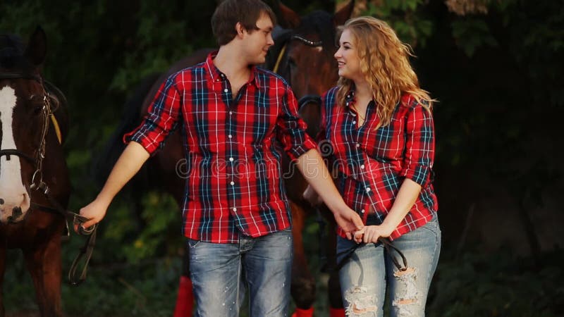 Couple Holding Hands Lead Horses Stock Video - Video of dating, forest ...