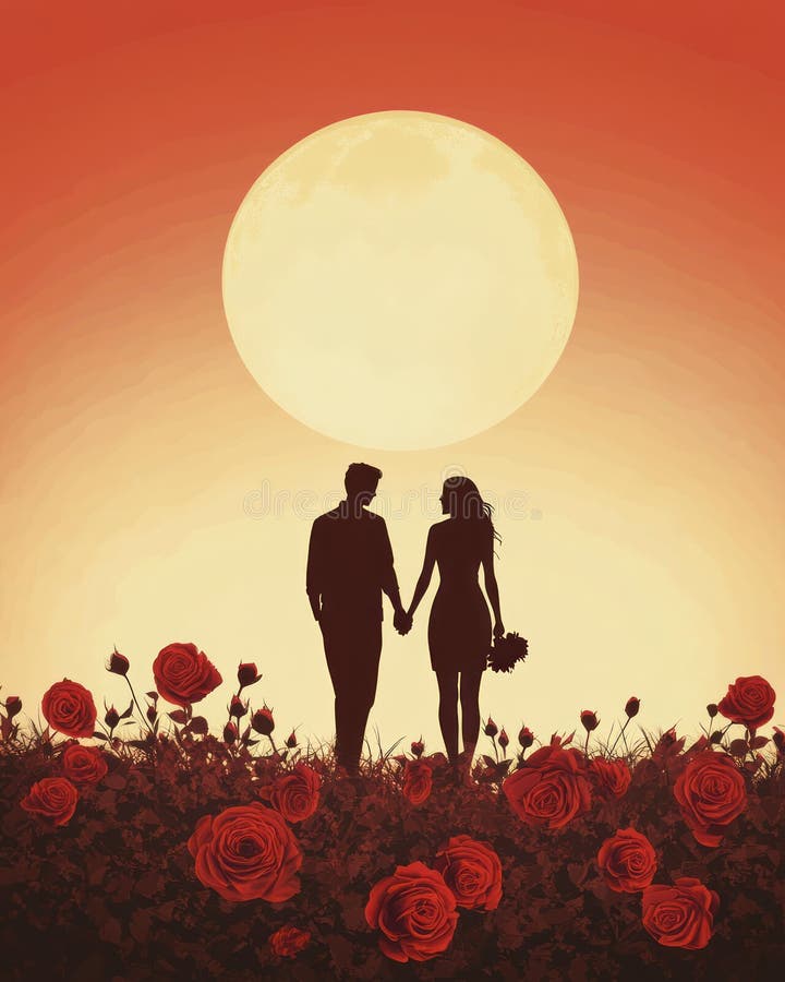 Couple Holding Hands Under Full Moon Surrounded by Roses, Perfect for ...