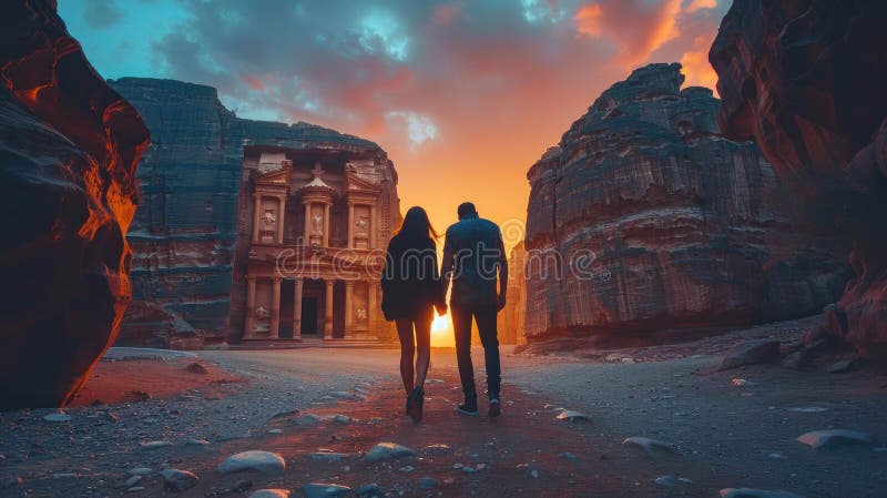 Couple Holding Hands Walking Towards Ancient Ruins at Sunset. Stock ...